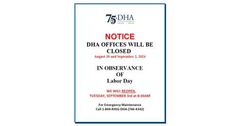 DHA Offices Closed Friday, August 30 and Monday, September 2, 2024 for ...